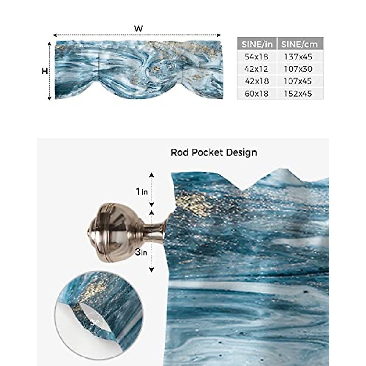 Segard Tie Up Valance for Windows,Marble Liquid Abstract Art Kitchen Valances Adjustable Rod Pocket Window Shade Valance,Blue White Gold Gradient Short Curtains Window Treatment for Bedroom 60x18in