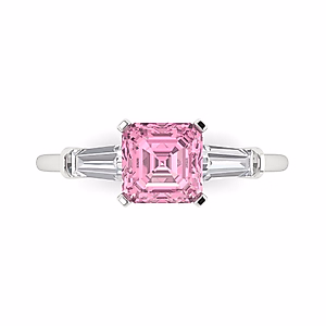1.62ct SQ Emerald cut 3 stone Solitaire Pink Simulated Diamond Designer Anniversary Bridal Engagement Ring 14k White Gold 6