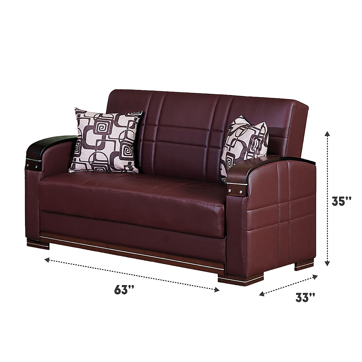 Beyan Signature Empire Furniture USA Manhattan Collection Convertible Loveseat with Storage Space, Includes 2 Pillows, Burgundy