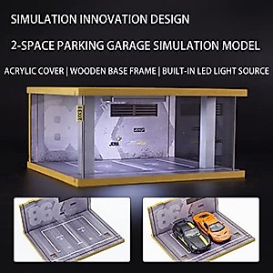 SIKIVOT 1：32 Car Display Case，Diecast Garage Scene Display， Scale Garage Display Case，2 Parking Space with LED Light and Acrylic Cover (7332Number 86)