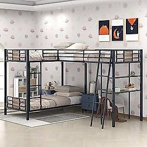 TARTOP L-Shaped Twin Over Twin&Twin Triple Bunk Bed with Desk and Shelf, Metal Bunkbed Linked with a Loftbed for 3 People, Kids Teens Bedroom, Brown