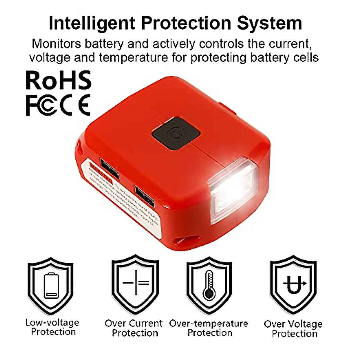 SINTENT Taingwei Battery Adapter for Milwaukee 18V Battery USB Charger and 12V DC Port and 3W LED Work Light - Compatible with Milwaukee M18 Lithium-Ion Batteries,Red,MWQ-090
