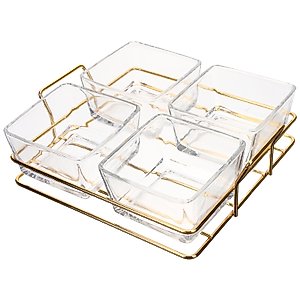 iplusmile Snack Bowl With Metal Tray, 4 Removable Dip Bowls Glass Fruit Tray Divided Appetizer Condiment Serving Bowls for Dessert Nuts Snacks Candy Chips Party Supplies