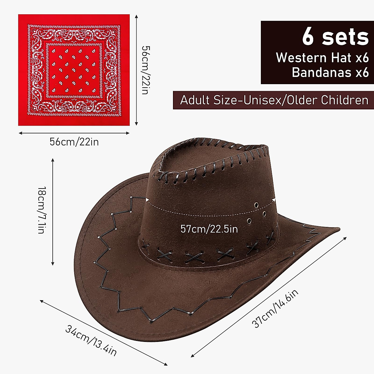 Komphy 12 Pack Cowboy Hat Bulk, Brown Wide Brim Western Cowboy Hat, Faux Suede Cowboy Hats Party Hats with Bandana and Adjustable Drawstring for Men Women Costume Party