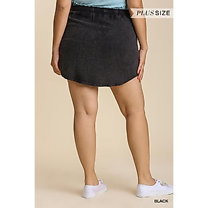 Umgee Linen Blend French Terry Elastic Waistband and Drawstring Skirt with Round Hem Black