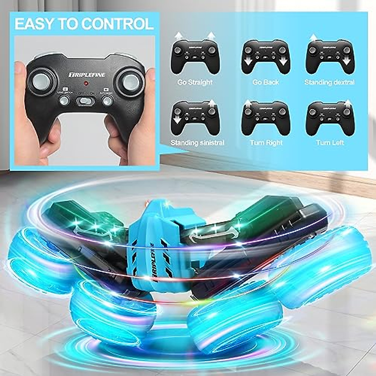 TRIPLEFINE Remote Control Car for Boy 8-12, 2.4GHz LED Fast RC Stunt Car, 4WD Double Side 360° Rotating RC Truck with Rechargeable Battery(Bule)