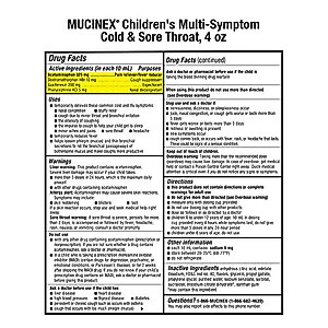 Cold, Cough, and Sore Throat, Mucinex Children's Cold, Cough, & Sore Throat Liquid, Mixed Berry, 4oz (Packaging May Vary) Controls Cough, Relieves Nasal & Chest Congestion, Thins & Soothes Sore Throat