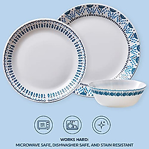 Corelle Everyday Expressions 12-Pc Dinnerware Set, Service for 4, Durable and Eco-Friendly, Higher Rim Glass Plate & Bowl Set, Microwave and Dishwasher Safe, Azure Medallion