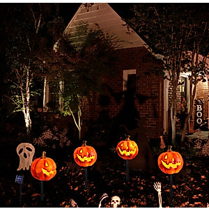 NIGHT-GRING 4 Pack Halloween Pumpkin Pathway Solar Lights, Orange Yard Stake String Lights Halloween Outdoor Decorations, Waterproof LED Pumpkin Halloween Décor Walkway Lights