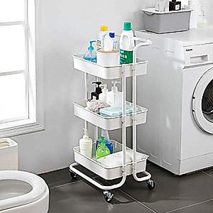 CLIPOP 3-Tier Rolling Utility Cart with Ergonomic Handle & Lockable Mute Wheels, Multifunctional Metal Organizer Storage Trolley Service Cart for Kitchen Living Room Office (White)