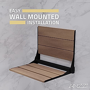 Saxon 17 in. Teak Wall Mounted Folding Shower Seat in Matte Black