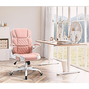 Pink Desk Chair Ergonomic Office Chair Lumbar Support Desk Chairs with Wheels and Flip-up Armrest Adjustable PU Leather Computer Chair Backward Tilt, Pink