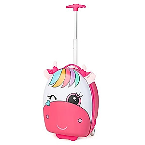 HONEY JOY Kids Luggage, 16” Children Rolling Suitcase w/Light-up Wheels & Telescopic Handle, Hard Shell Lightweight Travel Luggage for Toddlers, Carry On Luggage with Wheels for Boy Girl(Pink Unicorn)