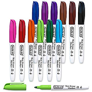 Shuttle Art Wet Erase Markers, 12 Colors 1mm Fine Tip Overhead Projectors Transparency Smudge-Free Markers, Works for Laminated Calendars Whiteboard Schedule Glass, Wipe with Water