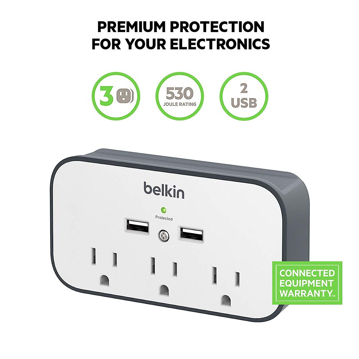 Belkin Wall Surge Protector - 3 Outlet w/ 2 USB Ports Mount with Premium Protection Against Surges Safe Charge for Mobile Devices, Tablets & More (540 Joules)