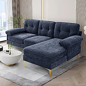 TEKAMON Navy Blue 82.7" Convertible Sectional Sofa Couch, 3 Seats L Shaped Retro Chenille Fabric Couch, Upholstered Comfy Reversible Sectional Sofa with Removable Washable Sofa Covers for Small Space