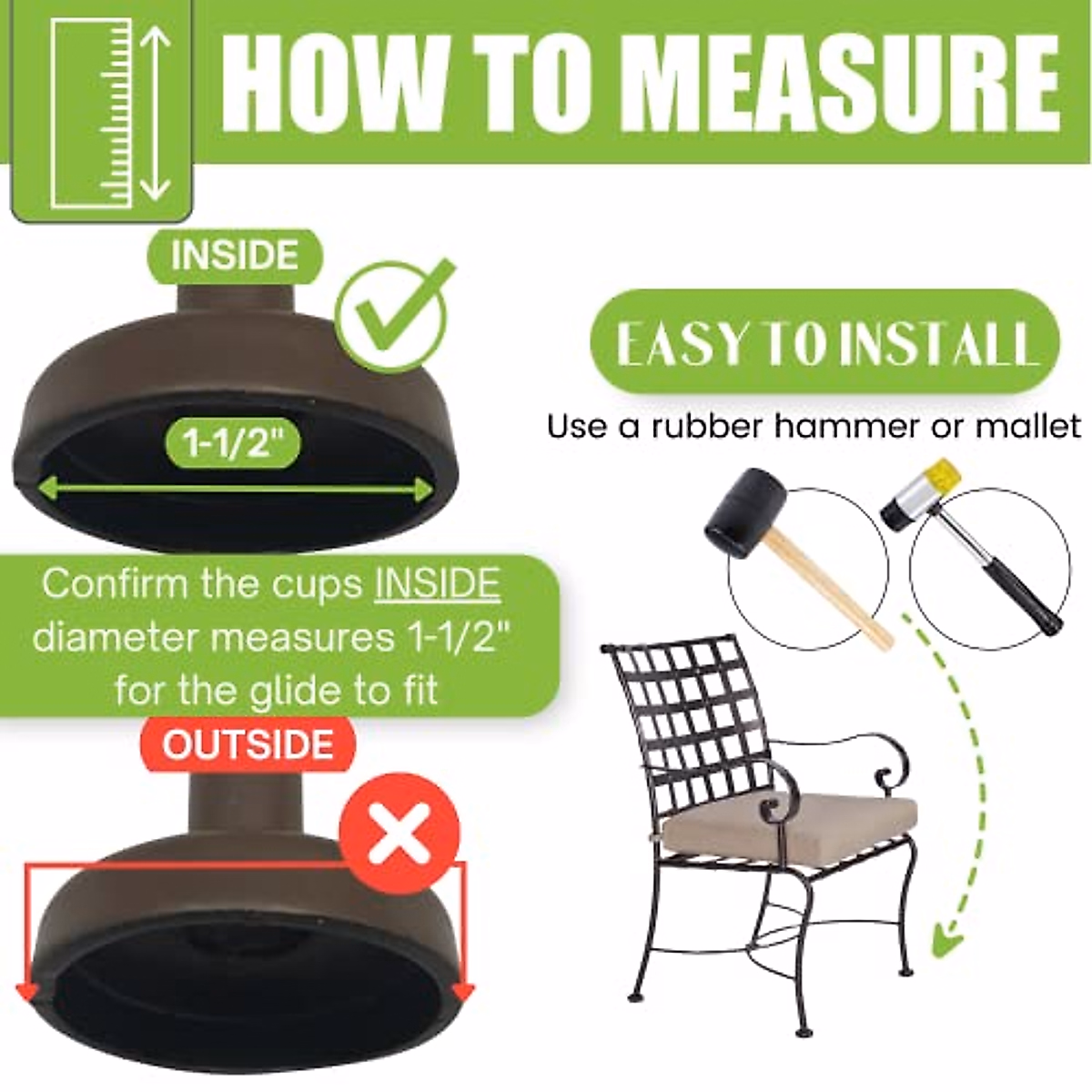 Project Patio 1.5 Inch Wrought Iron Furniture Feet Cap Glide Replacement Outdoor Chair Leg Floor Protector Insert Parts - 24-Pack