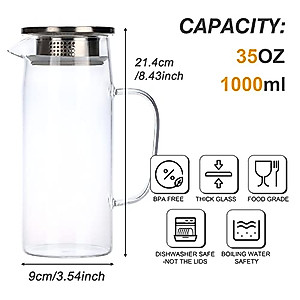CUCUMI 2pcs 35oz Glass Water Pitcher with Stainless Steel Lid and Spout, 1 Liter Glass Carafe with Handle Heat Resistant Glass for Iced Tea, Coffee, Milk, Juice