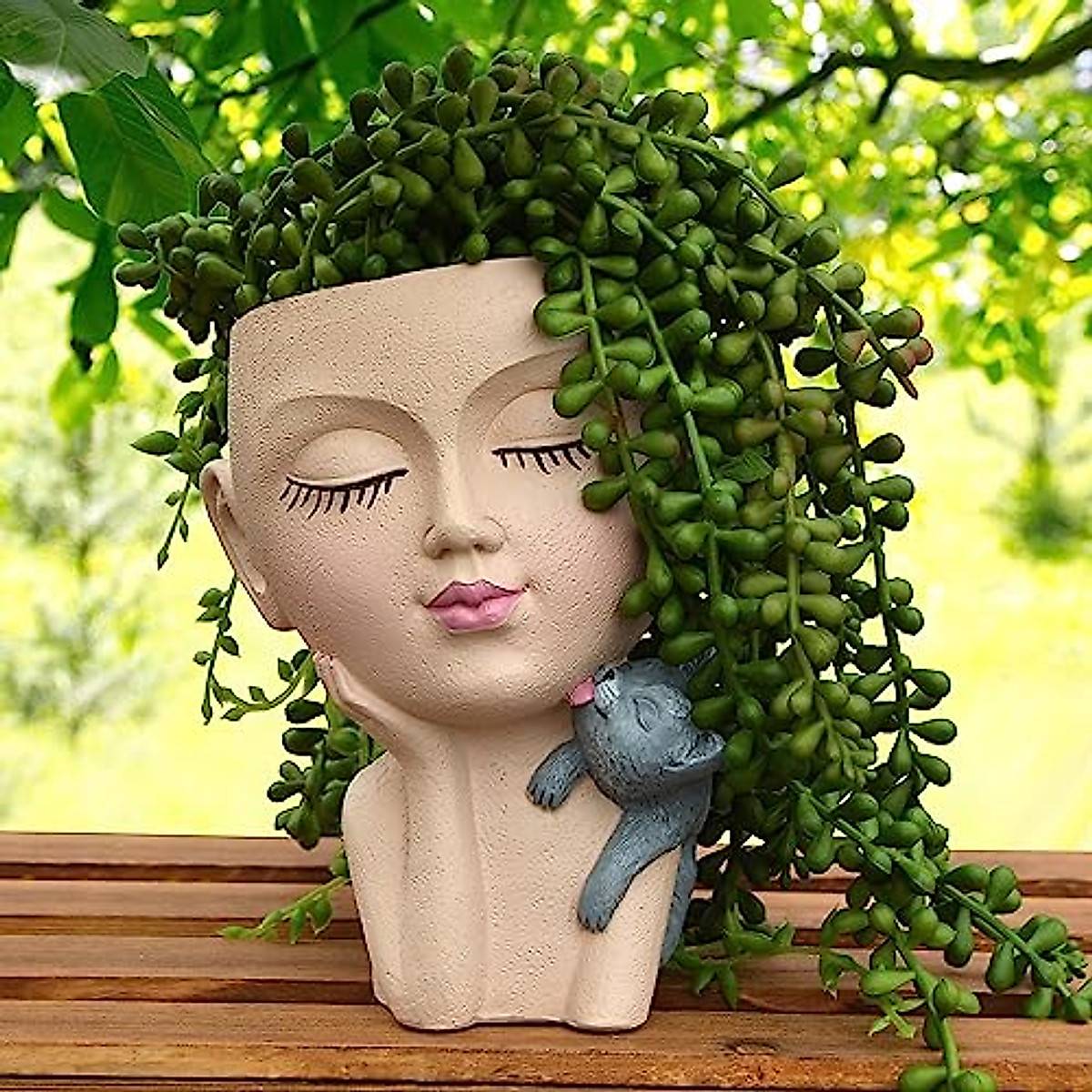 JYTTI Face Planters Pots Head Planter, Face Planter, Face Plant Pot Heads, Statue Plant Pots Indoor, Succulent Flower Pots with Drainage, Cat Lady Planters for Indoor/Outdoor Plants(7 Inch Khaki)