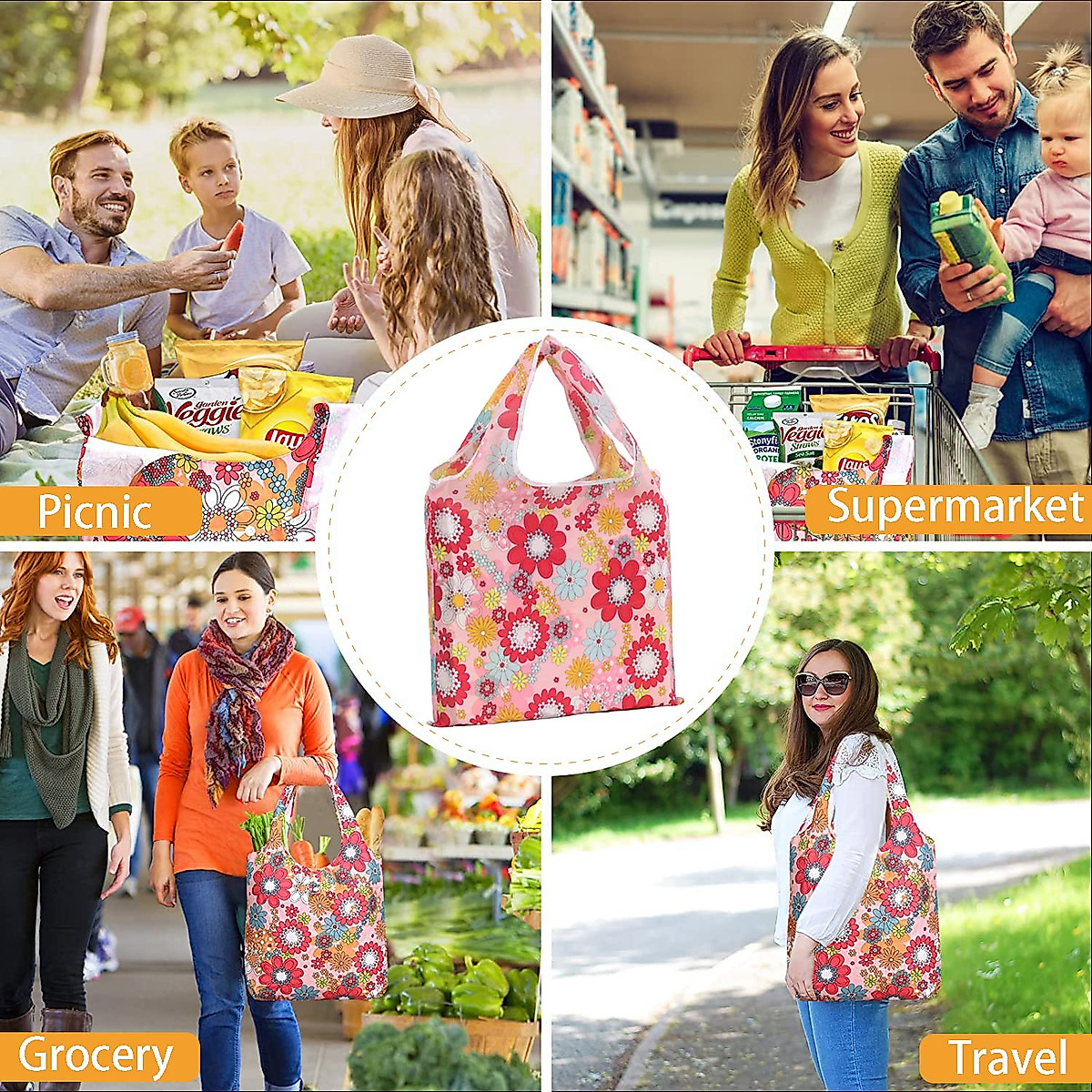 FulSurgus 6 Pack Reusable Foldable Grocery Shopping Bags, Machine Washable Groceries Bags Sturdy Lightweight Nylon Bags