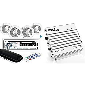 Marine Stereo Receiver Speaker Kit - In-Dash LCD Digital Console Built-in & Remote Control - Pyle PLCDBT85MRW & Hydra Marine Amplifier Upgraded Elite Series 400 Watt 4 Channel Audio Amplifier PLMRA402