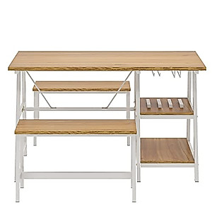 SogesGame Dining Table Set 3 Piece Kitchen Table Set Breakfast Table Set with Benches and Wine Rack Glass Holder 47.2 in Dining Room Table Set for 4 Oak