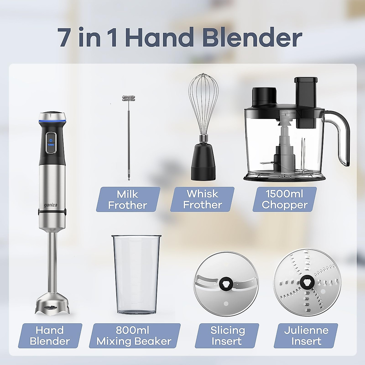Ganiza Immersion Blender 7 in 1 Hand Blender 800W Heavy Duty Motor, 15 Speed and Turbo Mode Handheld Blender Stainless Steel Sitck Blender With 1500ml Food Processor and Other 6 Pieces