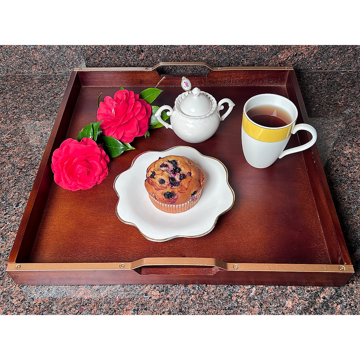Mountain Woods Brown Large Wooden Serving Tray w/Copper Finished Handles | Coffee/Tea Tray | Decorative Kitchenware | Perfect Ottoman Tray - 20" x 20" x 2"