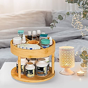 2 Tier Lazy Susan Spice Organizer - Bamboo Wooden Two Tier Lazy Susan Turntable with 4 DIY Partition Board 9.8 inch for Cabinet