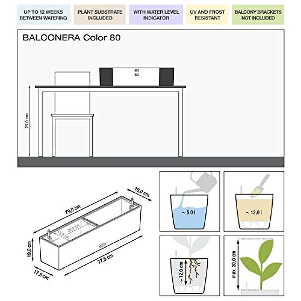 Lechuza 15680 Balconera Color 80 Garden Indoor and Outdoor Use, White Matte Self Watering Planter