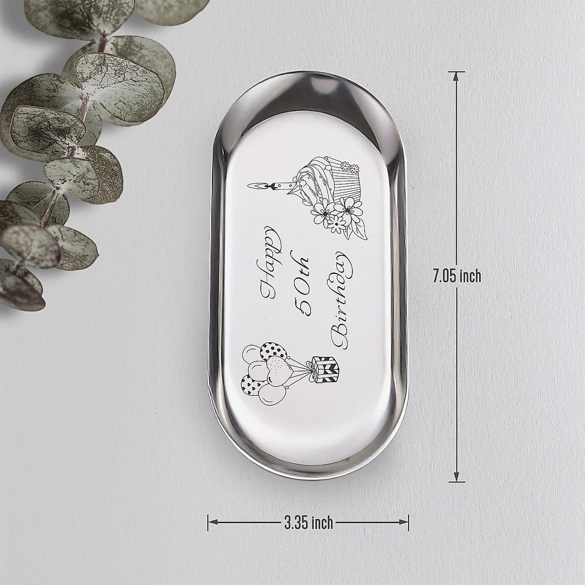 Happy 50th Birthday Decorations Stainless Steel Jewelry Tray Gifts Laser Engraved Round Shape Dish Personalized 50th Birthday Gifts for Daughter Sister Niece Aunt Friends