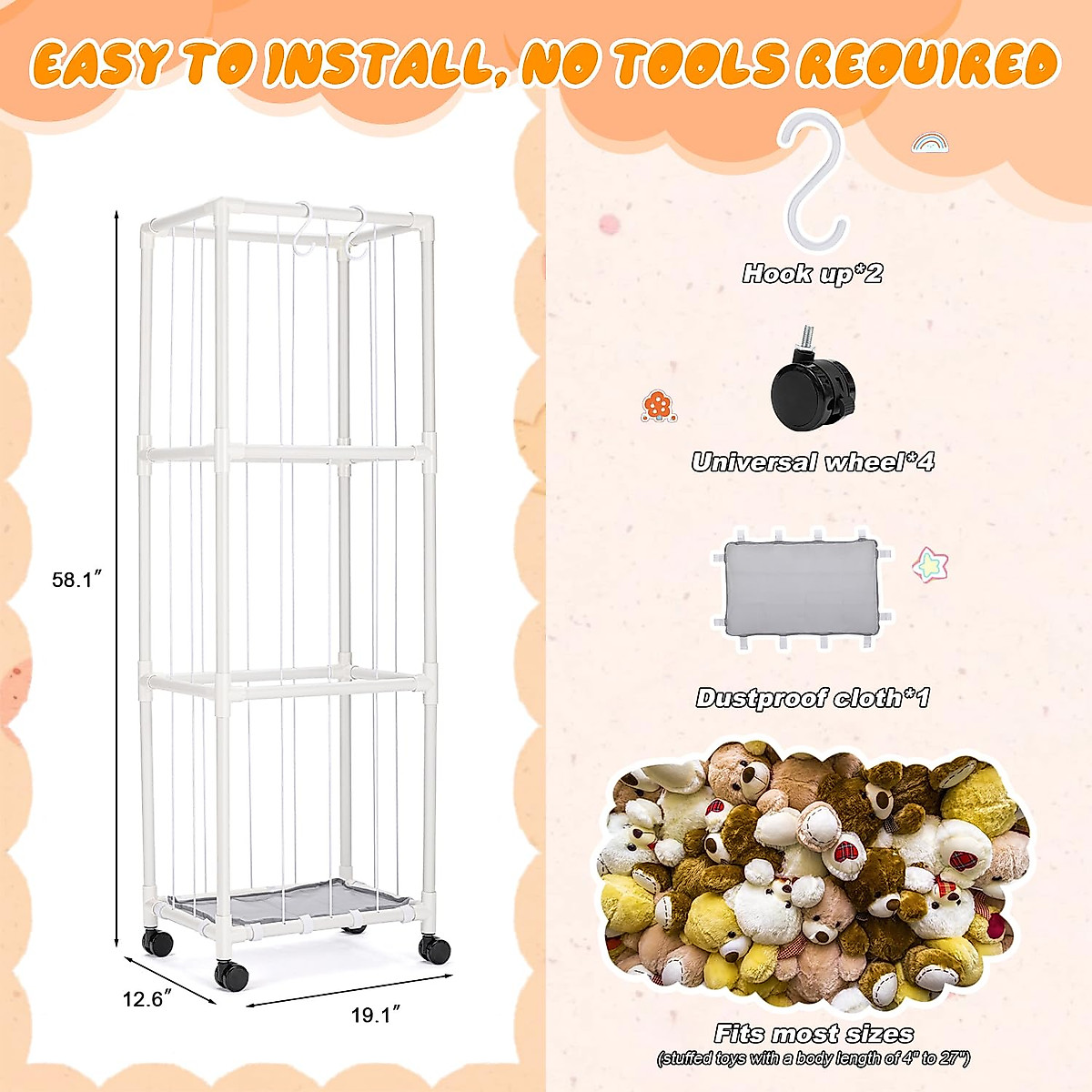 Stuffed Animal Zoo Storage, Extra Large Stuffed Animal Holder with Dust Cloth and Universal Wheels, Toy Storage Organizer, Plush Storage Organizer Shelf for Birthday Gift, Nursery Play Room Bedroom