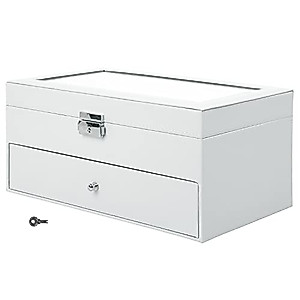 MyGift Deluxe White 12-Compartment Sunglasses Display Case with Glass Lid and Leatherette Trim