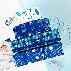 WRAPAHOLIC Hanukkah Wrapping Paper Roll - Menorahs, The Star of David, Candles Design for Chanukah Celebration - 4 Rolls - 30 Inch X 120 Inch Per Roll