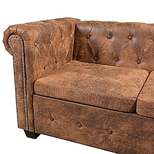 FAMIROSA Chesterfield Corner Sofa, L Shape 5-Seater Sectional Sofa Faux Leather with Cushions for Living Room Home Office Furniture Brown