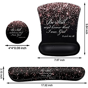 Keyboard Wrist Rest and Mouse Pad with Wrist Support, Ergonomic Gel Mouse Pad and Coaster, for Easy Typing Pain Relief, Memory Foam Keyboard Wrist Rest,Psalm 46-10 Rose Gold Glitter Black Mousepads