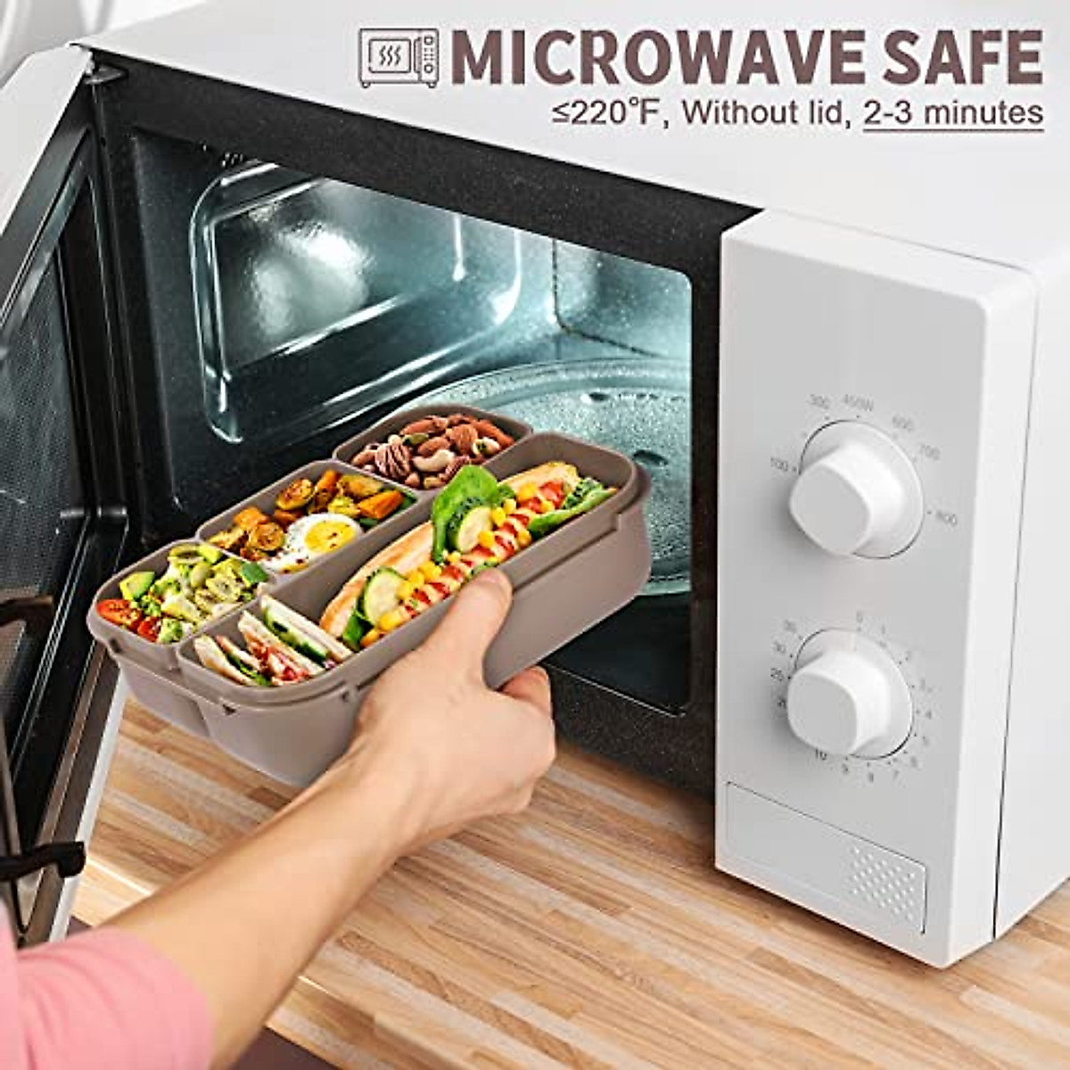 Bento Box Adult Lunch Box, Lunch Containers for Adults Men Women with 4 Compartments, Lunchable Food Container with Utensils, Sauce Jar, Muffin Liners, 40 Oz/5 Cup, Microwave & Dishwasher Safe, Brown