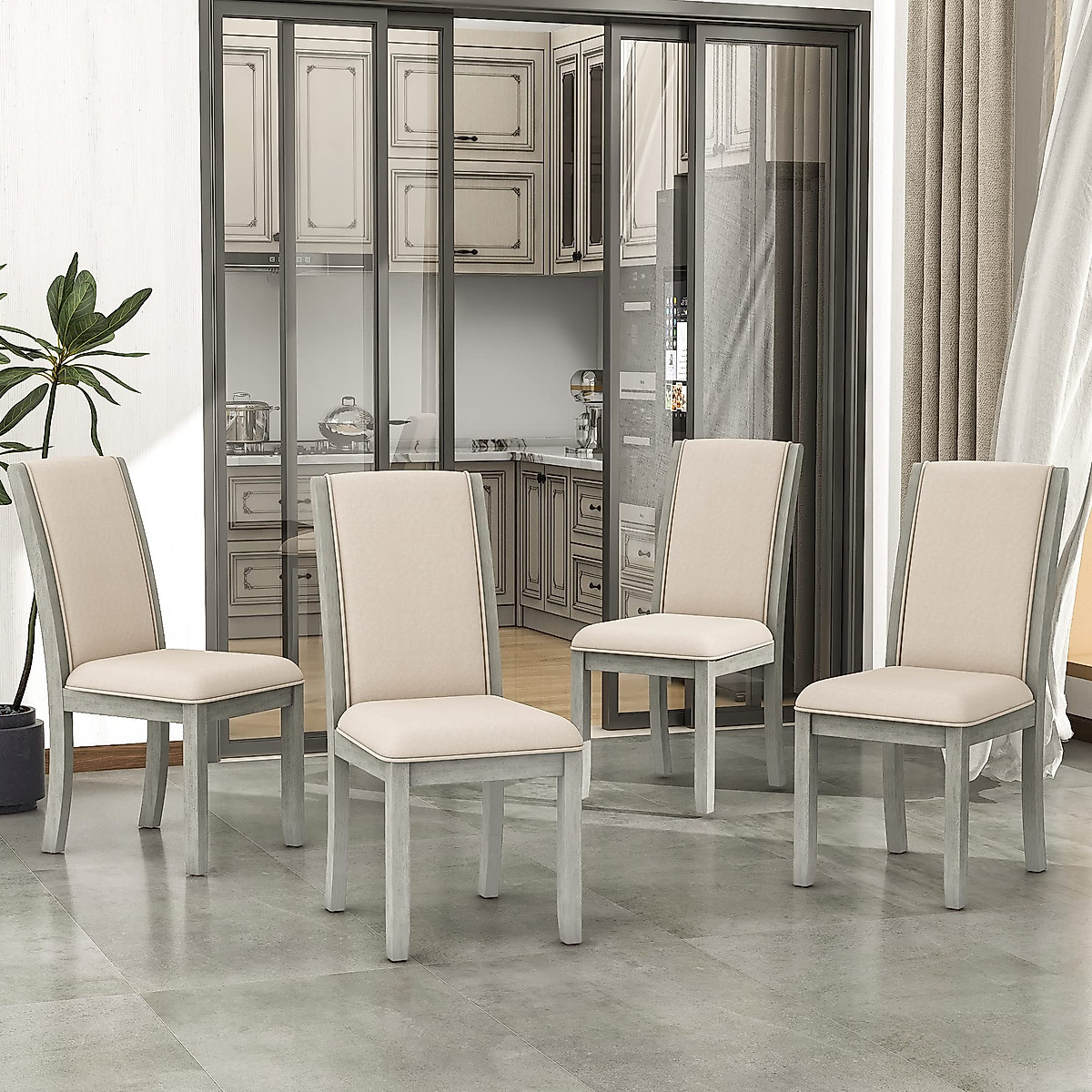 Tiophome Set of 4, Full Back Set with Upholstered, Farmhouse Dining Chairs with Solid Wood Frame and Legs,Gray+Cushion Beige