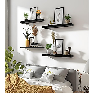 YYWUOJJ Wood Floating Shelves for Wall Decor, Rustic Wall Shelves for Bedroom Bathroom Kitchen Living Room, Set of 6 Black