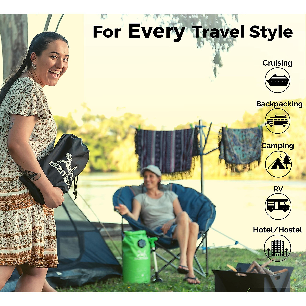 Dezitrek LARGE All in One Hand Wash Bag and Plunger Set - Off Grid Washing Machine Non Electric for Camping Travel | Eco Friendly Portable Manual Clothes Washer Laundry Bag for RV's, Apartments