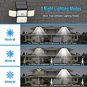 Solar Lights Outdoor, 250 LED 2500LM Security Motion Sensor Flood Light with 4 Adjustable Heads, IP67 Waterproof, 3 Modes & 300° Wide Angle Smart Outside Wall Light for Garden Pathway Garage, 2 Pack