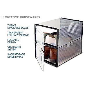 INNOVATIVE HOUSEWARES Shoe Organizer Plastic Storage Bins Clear Stackable Shoe Boxes Shoe and Sneaker Storage Pack of 12 (Transparent Black)