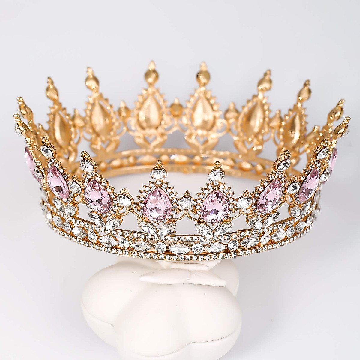 FORSEVEN Queen Crown Rhinestone Wedding Crowns and Tiaras for Women Costume Party Hair Accessories Princess Birthday Crown Crystal Bridal Crown (Gold+Pink)