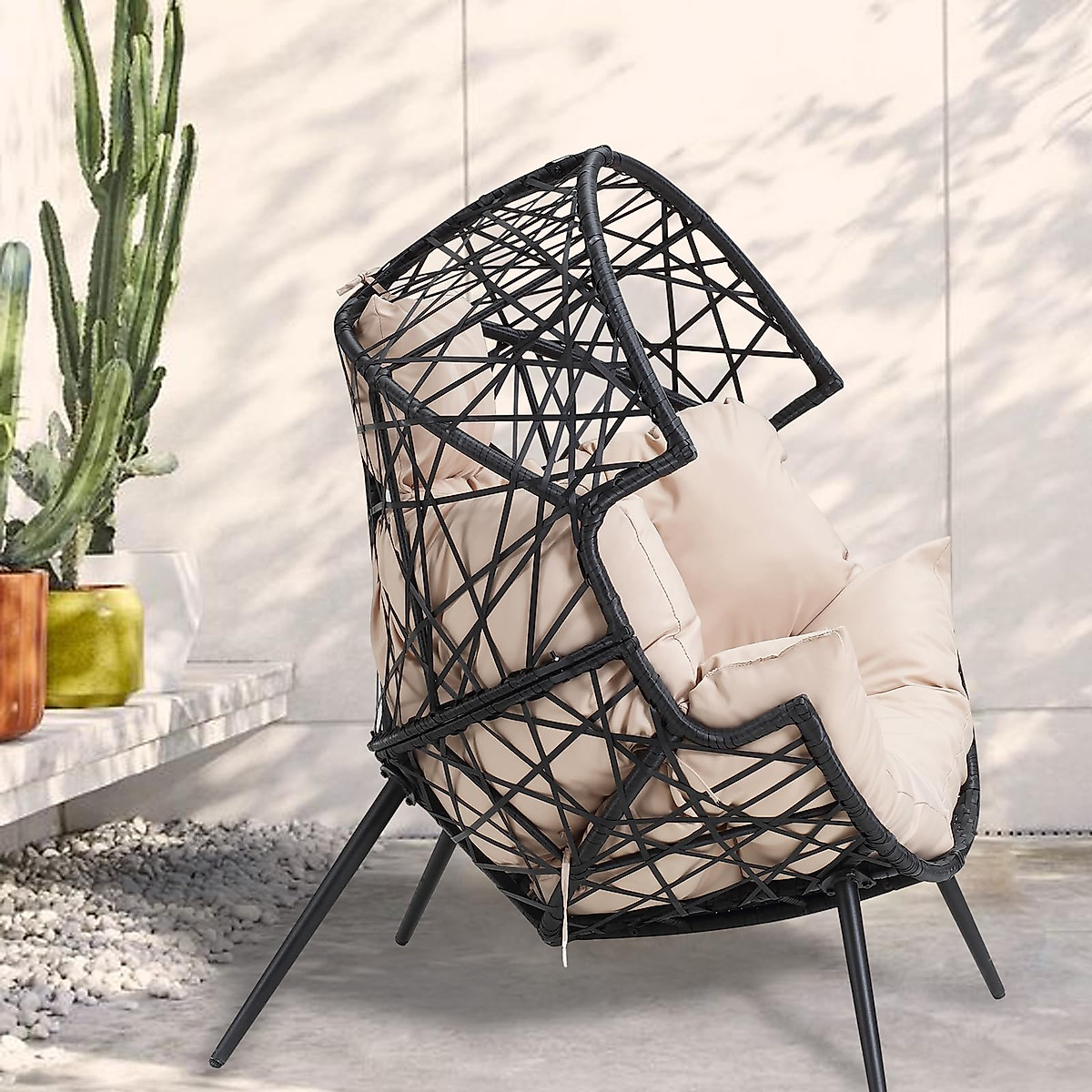 Godappe Egg Chair - Oversized Wicker Egg Basket Chair with Cushion and Stand, All-Weather Egg Dining Chair for Patio, Backyard, Living Room, Porch - Beige