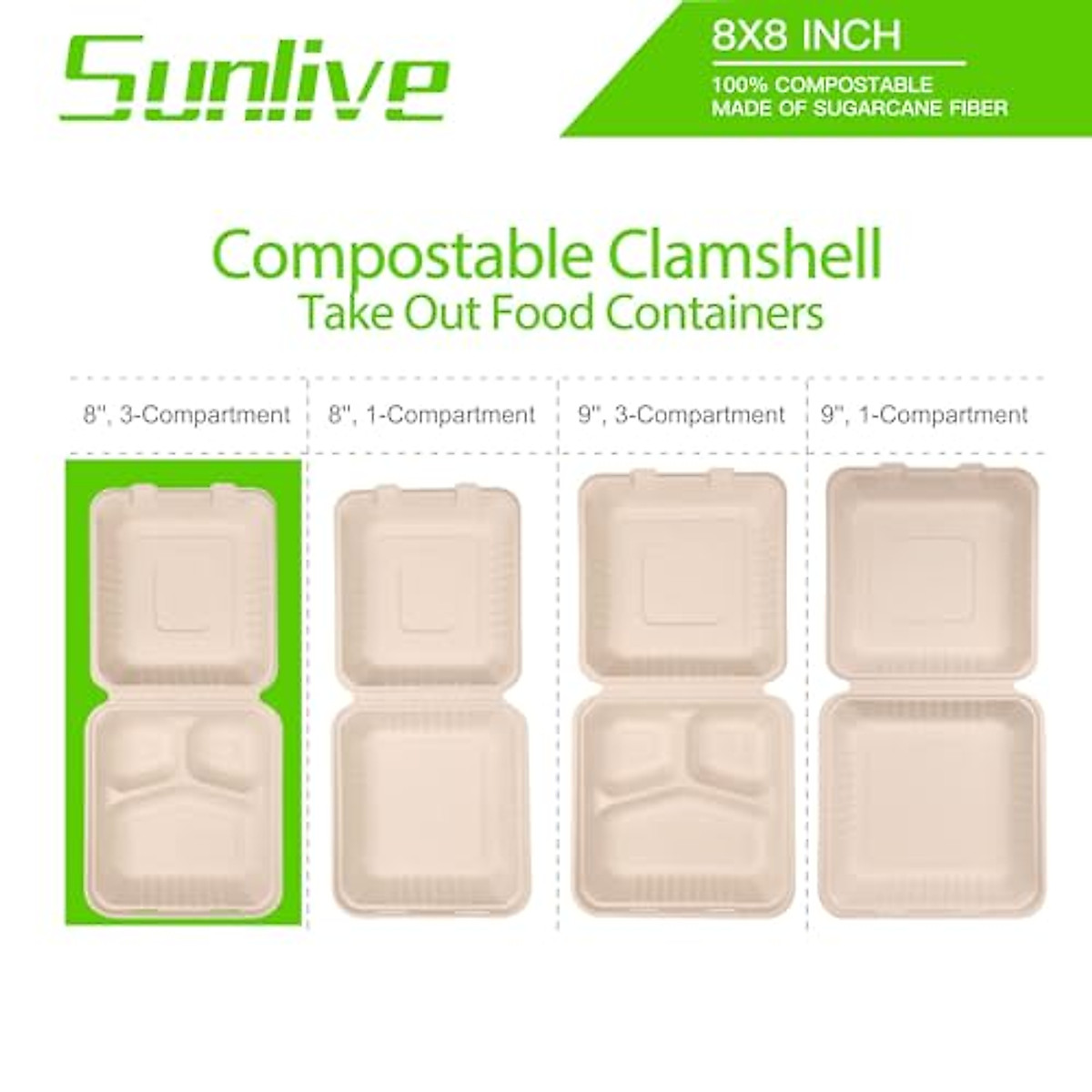 Sunlive 100% Home Compostable 50 Pack Disposable Clamshell Take Out Food Containers, 8X8'' 3-Compartment to go Containers, Biodegradable Heavy-Duty to go Boxes, Made of Sugarcane Fibers