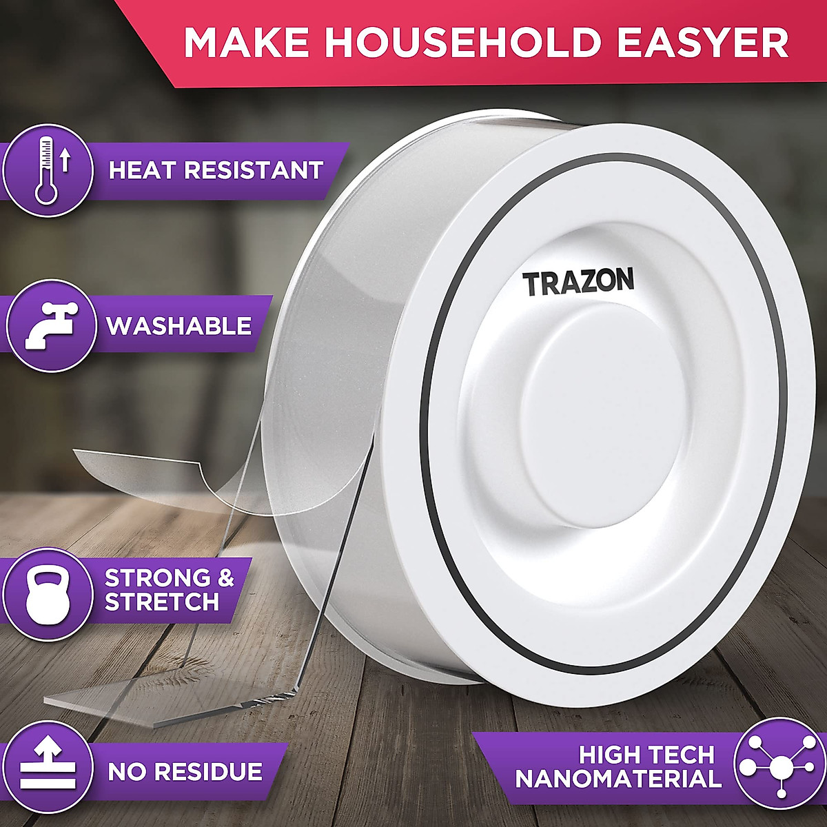 Double Sided Tape Heavy Duty - 17Ft, 1 Inch - Removable Mounting Tape - Strong Adhesive, Washable and Reusable - Wall Tape for Picture Photo Carpet Decoration - Poster Tape Roll