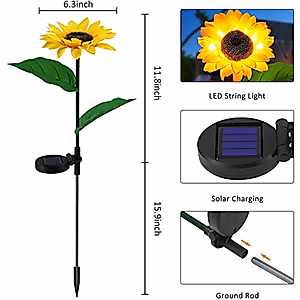 Sunflower Solar Lights Outdoor Garden Decorative Garden Stakes, Solar LED Pathway Decor Lights, Solar Flowers, IP65 Waterproof for Garden Patio Lawn Yard Porch Walkway(2 Pack)