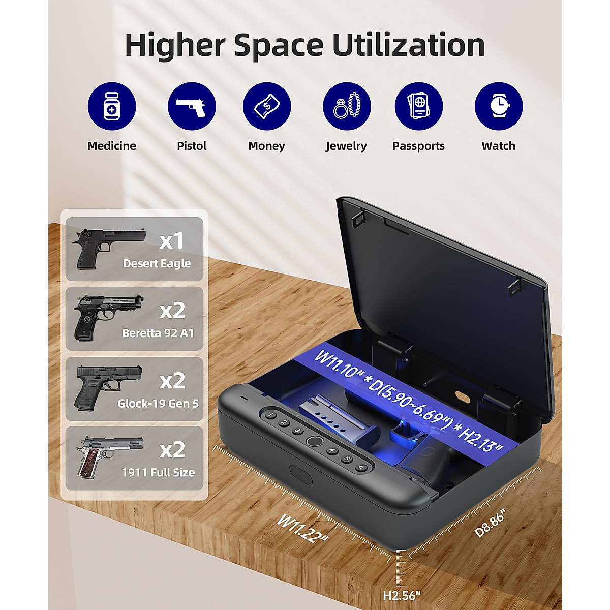 PINEWORLD Biometric Gun Safe, Smart Handgun Safe, 4-Quick Access Pistols Safe With Fingerprint/Key/Passcode/APP For Belongings, Gun Lock Box For Nightstand, Car, Home with Light/Full Voice Prompt