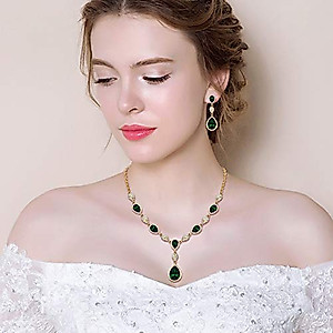 EleQueen Women's Wedding Bridal Jewelry Sets for Brides Bridesmaids, Cubic Zirconia Teardrop Necklace Tennis Bracelet Dangle Earrings Jewellery Set Emerald Color