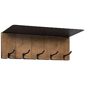 MyGift Entryway Shelf Rack with 5 Key Hooks, Wall-Mounted Burnt Solid Wood and Matte Black Decorative Shelf
